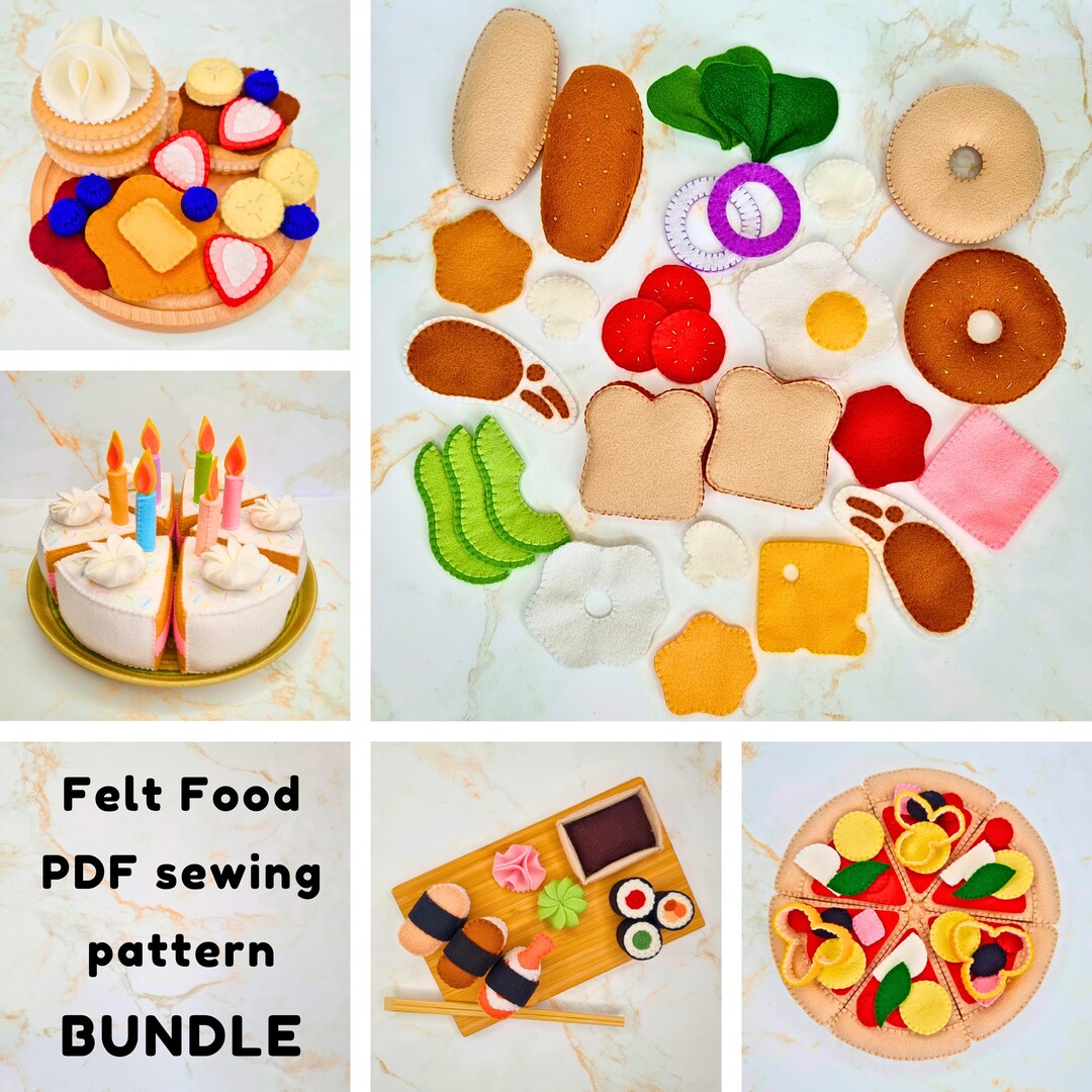 Felt Food Playset Sewing Pattern Bundle: Pizza, Cake, Sushi, Pancakes ...