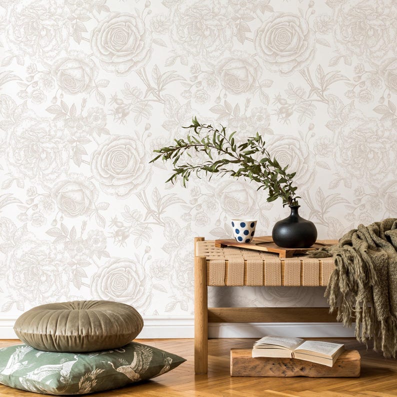 Victorian Floral Taupe and White Wallpaper - ZACY - Etsy