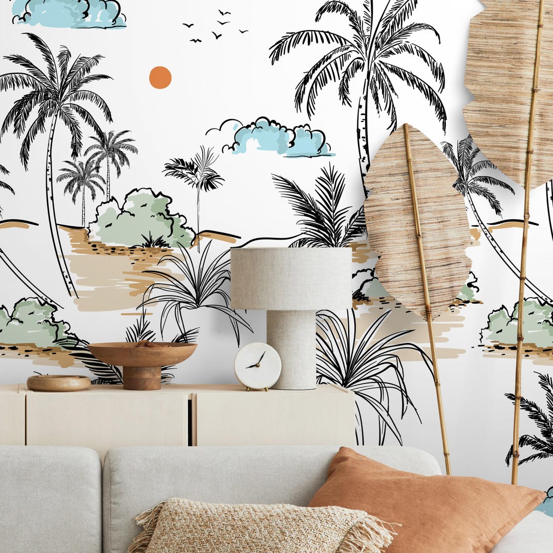 Tropical Palm Trees Wallpaper - Beige & Green A570 - Etsy