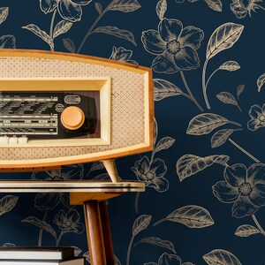 Navy and Gold Floral Vintage Wallpaper / Peel and Stick Wallpaper ...