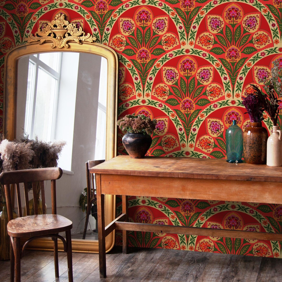 Red Boho Floral Wallpaper Peel and Stick and Traditional Wallpaper ...