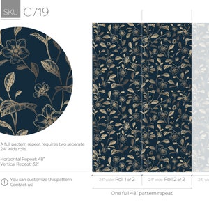 Navy and Gold Floral Vintage Wallpaper / Peel and Stick Wallpaper ...