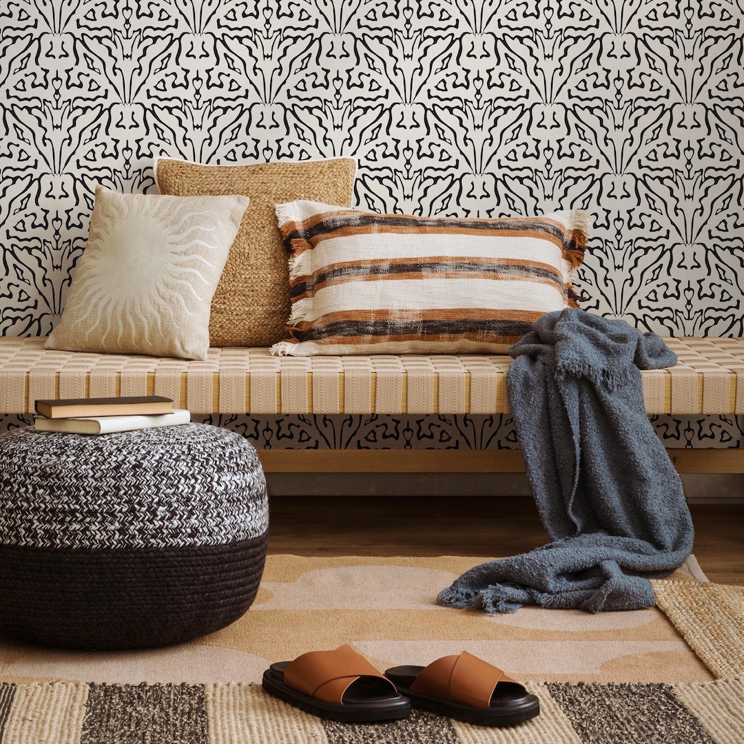 Papel pintado bohemio Ikat Damasco en negro sobre blanco - Despegar y ...
