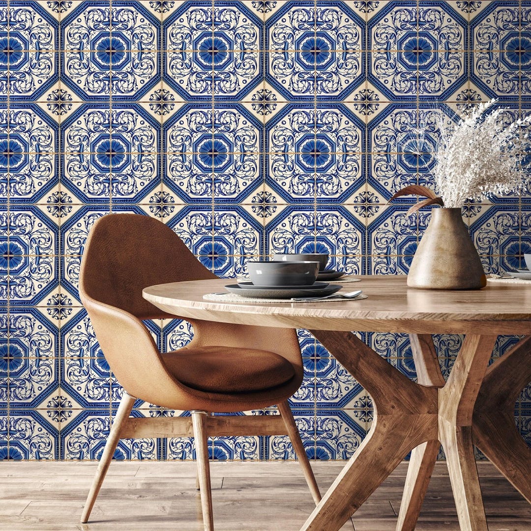 Mediterranean Blue Tile Wallpaper - A417 - Etsy