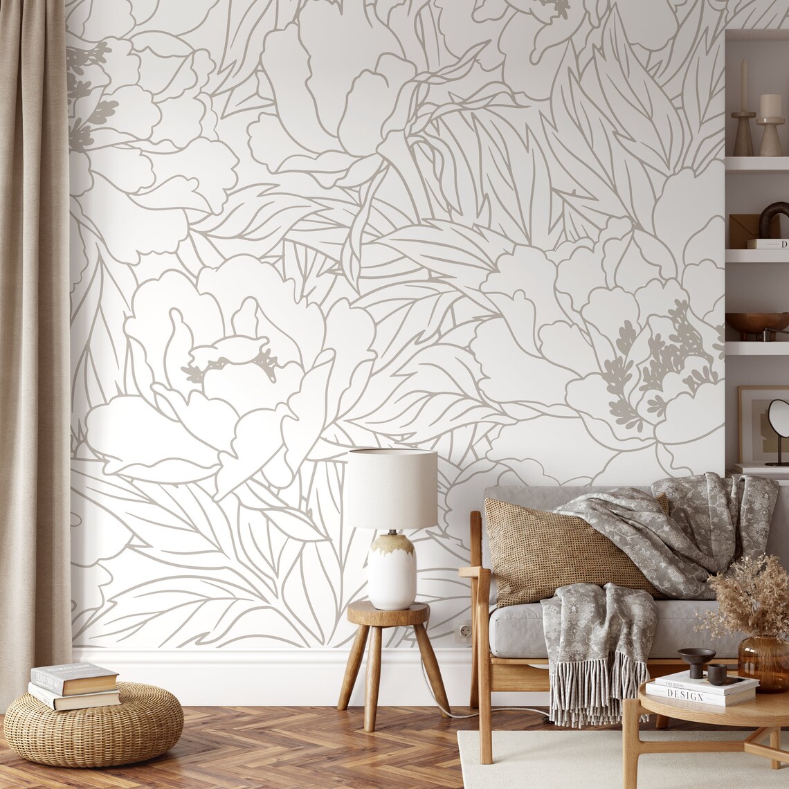 Neutral Large Floral Wallpaper / Peel and Stick Wallpaper - Etsy