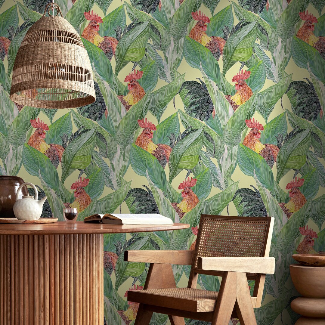 Tropical Leaf and Rooster Wallpaper Peel and Stick and Traditional ...