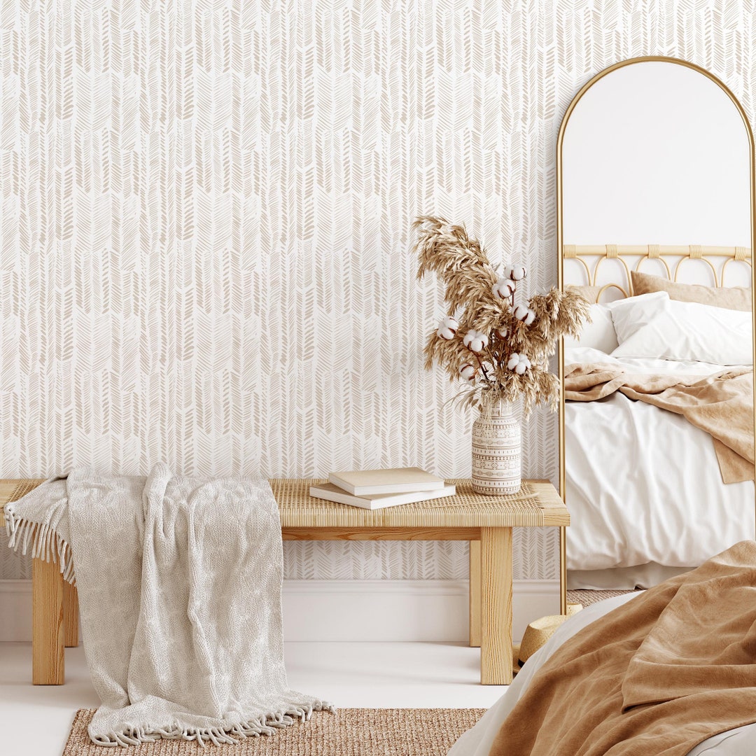 Neutral Boho Herringbone Wallpaper Peel and Stick and Traditional ...