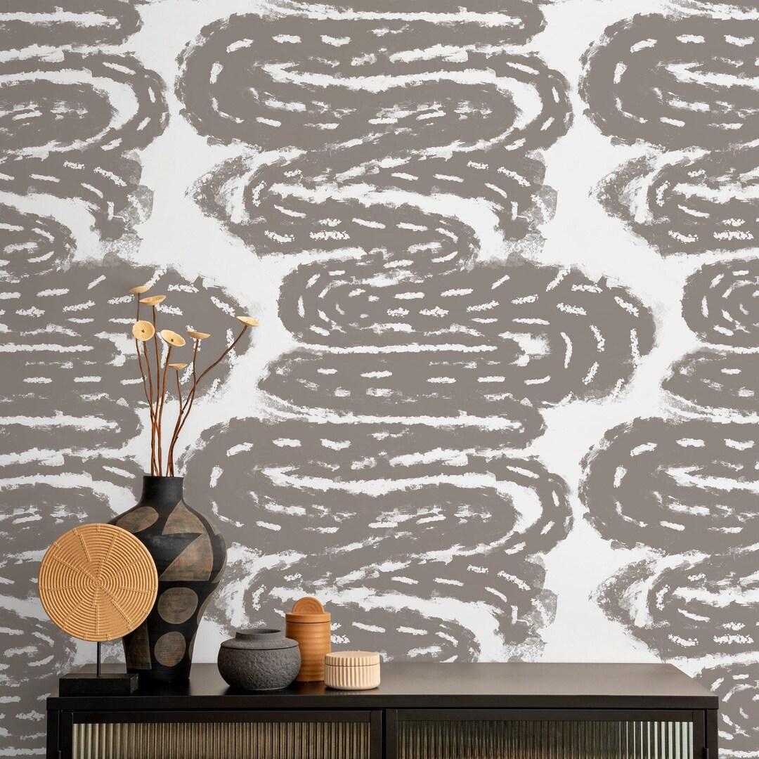 Abstract Wallpaper With Hand-drawn Swirls in Taupe Gray and White ...