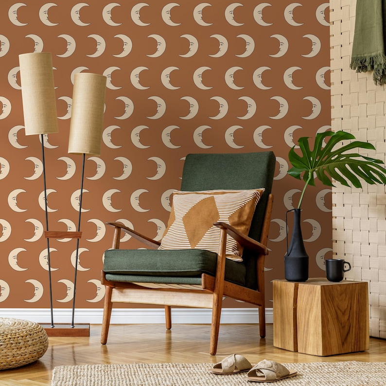 Art Deco Terracotta & Cream Crescent Moon Wallpaper - ZABZ - Etsy