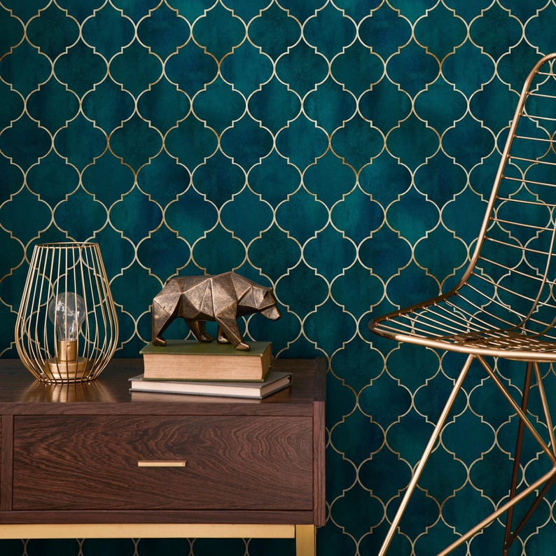 Moroccan Teal Gold Trellis Wallpaper - B729 - Etsy