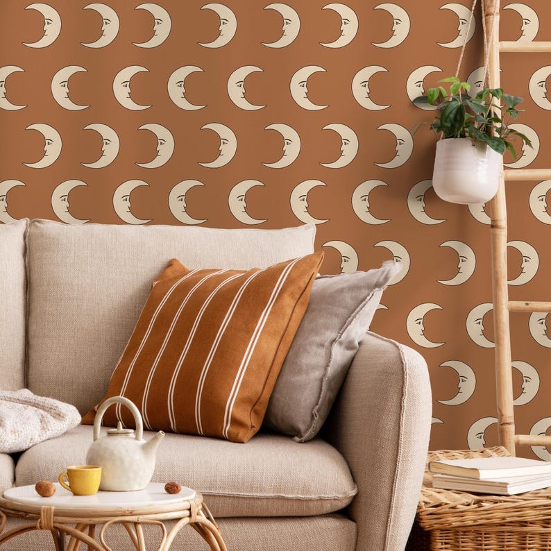Art Deco Terracotta & Cream Crescent Moon Wallpaper - ZABZ - Etsy