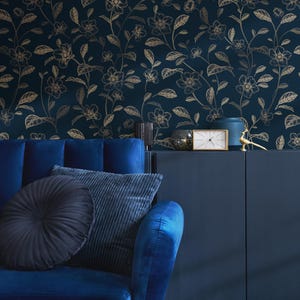 Navy and Gold Floral Vintage Wallpaper / Peel and Stick Wallpaper ...