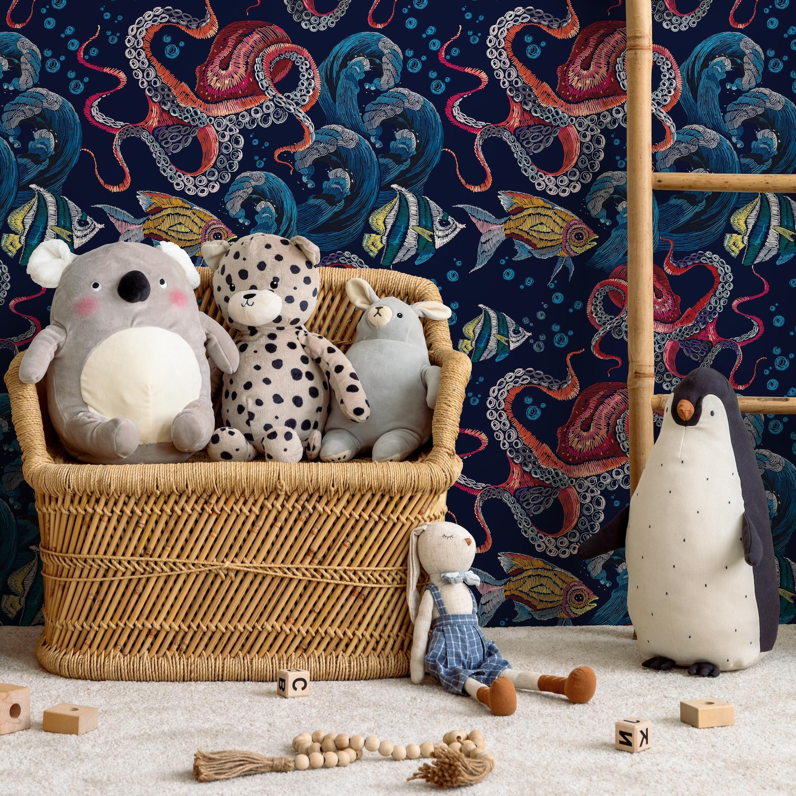 Octopus and Fish Ocean Wallpaper in Red and Navy Blue - Peel and Stick ...