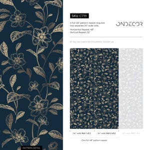 Navy and Gold Floral Vintage Wallpaper / Peel and Stick Wallpaper ...