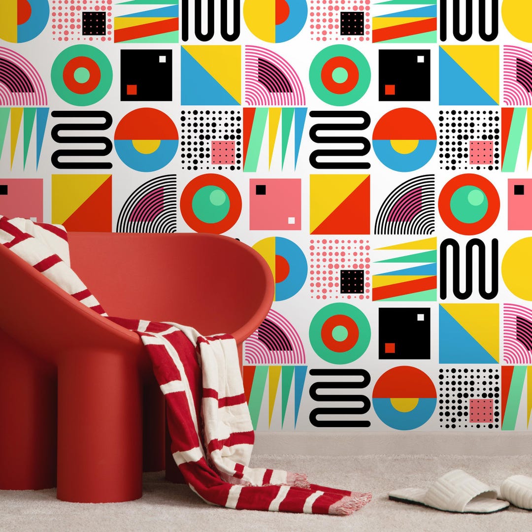 Geometric Wallpaper With a Pop Art Motif in Turquoise, Pink, and Yellow ...
