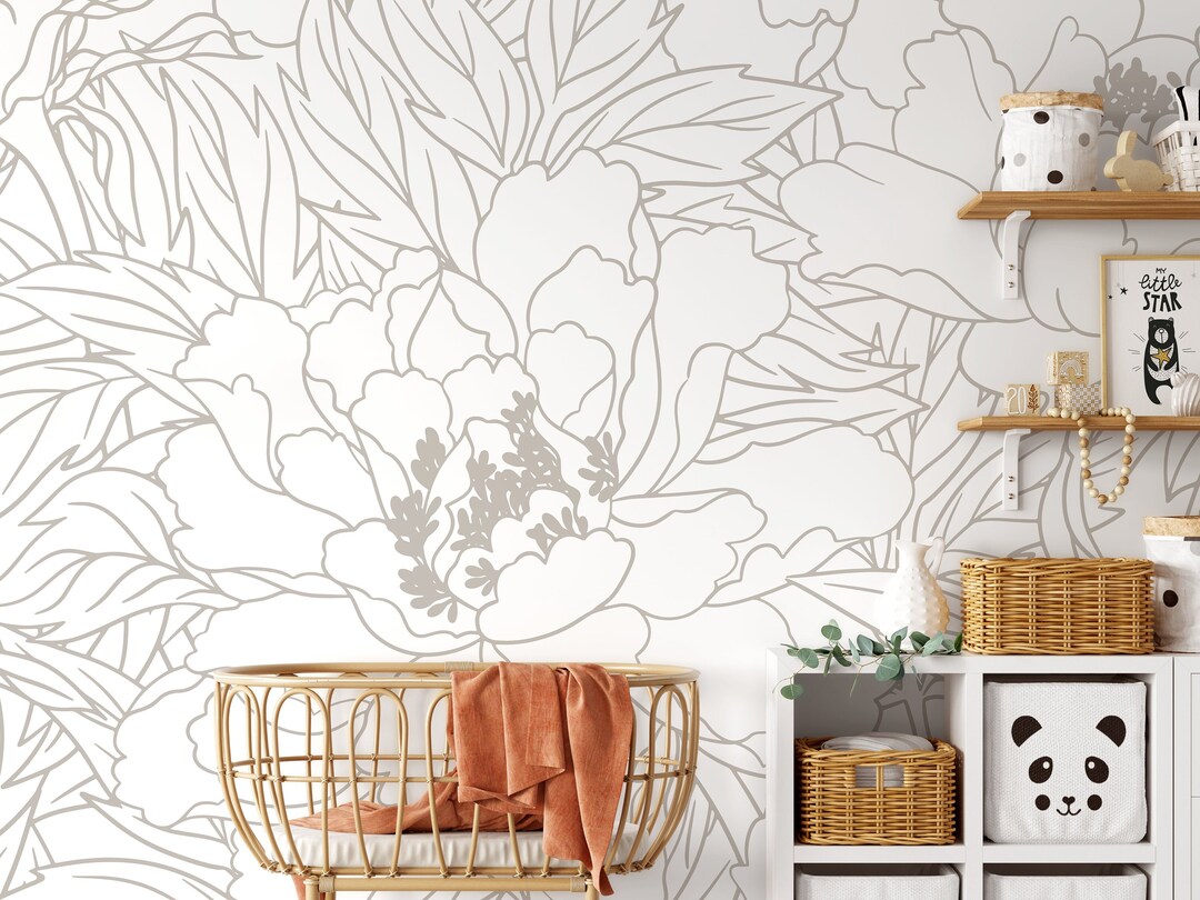 Neutral Large Floral Wallpaper / Wallpaper Peel and Stick - Etsy