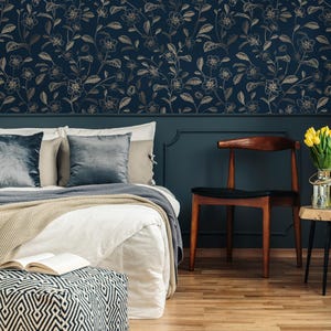 Navy and Gold Floral Vintage Wallpaper / Peel and Stick Wallpaper ...