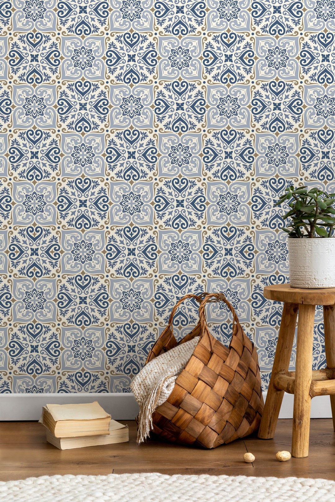 Blue Moroccan Tile Wallpaper / Peel and Stick Wallpaper Removable ...