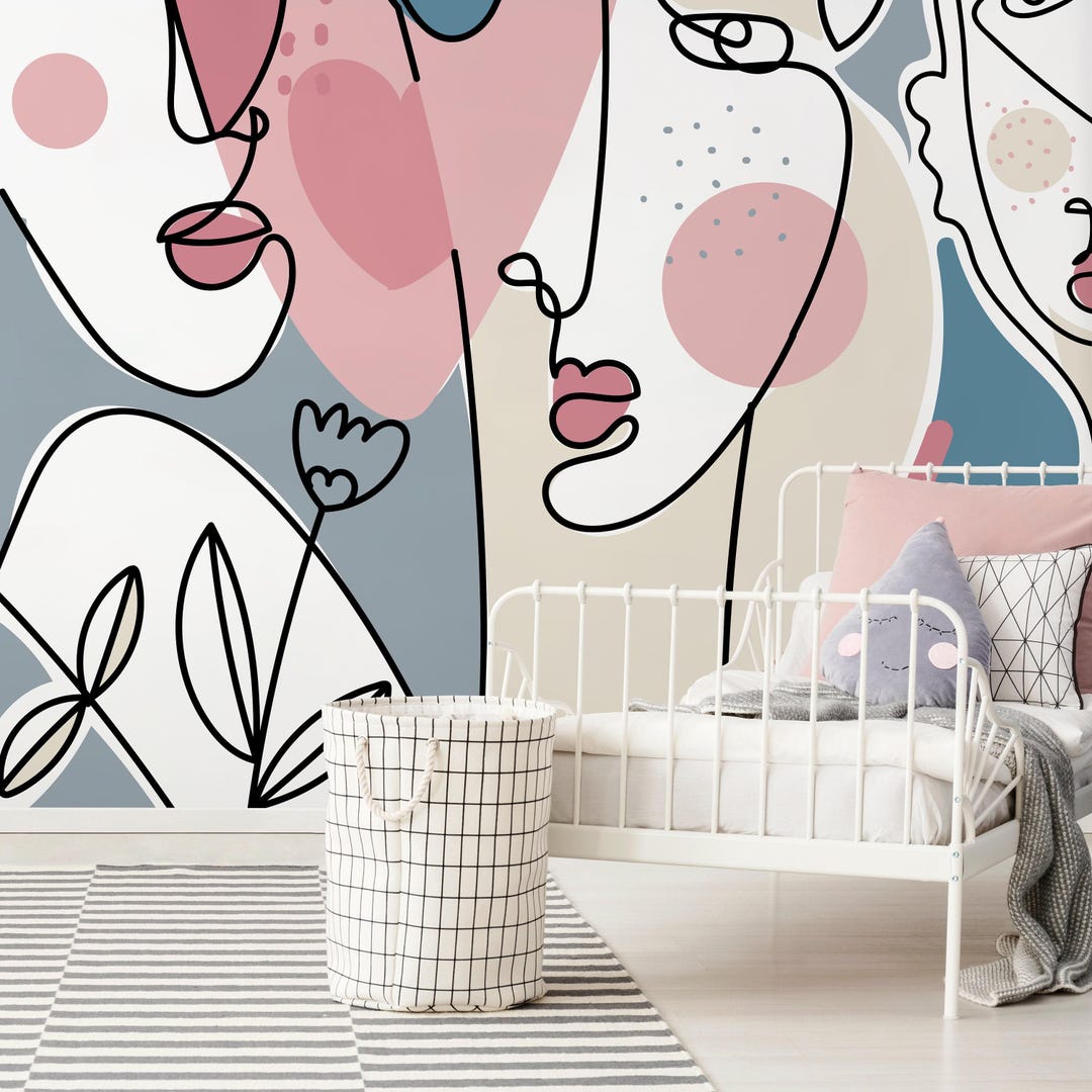 Abstract Wallpaper With Continuous Line Faces in Pink, Blue, and Beige ...