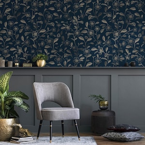 Navy and Gold Floral Vintage Wallpaper / Peel and Stick Wallpaper ...