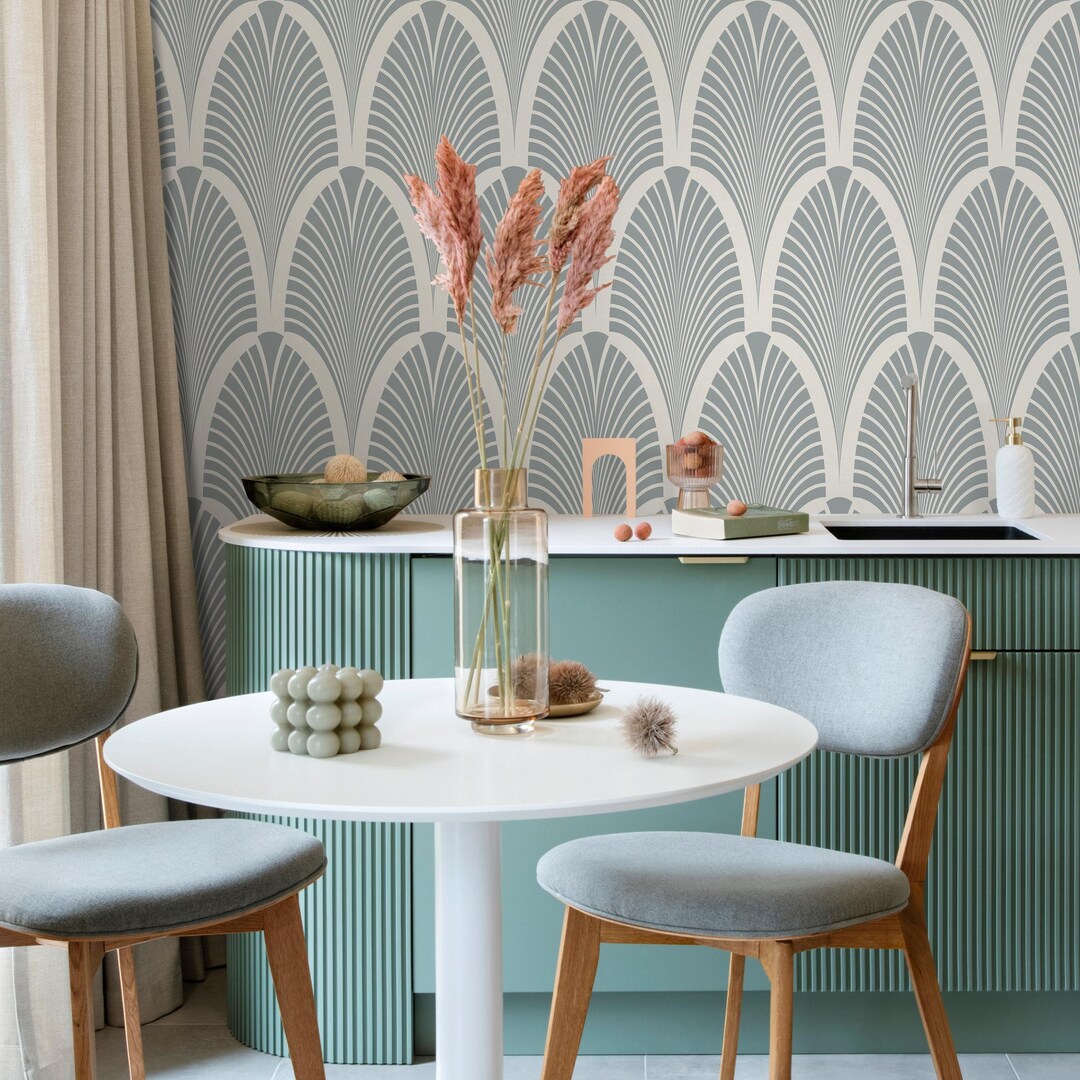 Art Deco Wallpaper With a Stylized Fan Pattern in Grayish Blue and ...