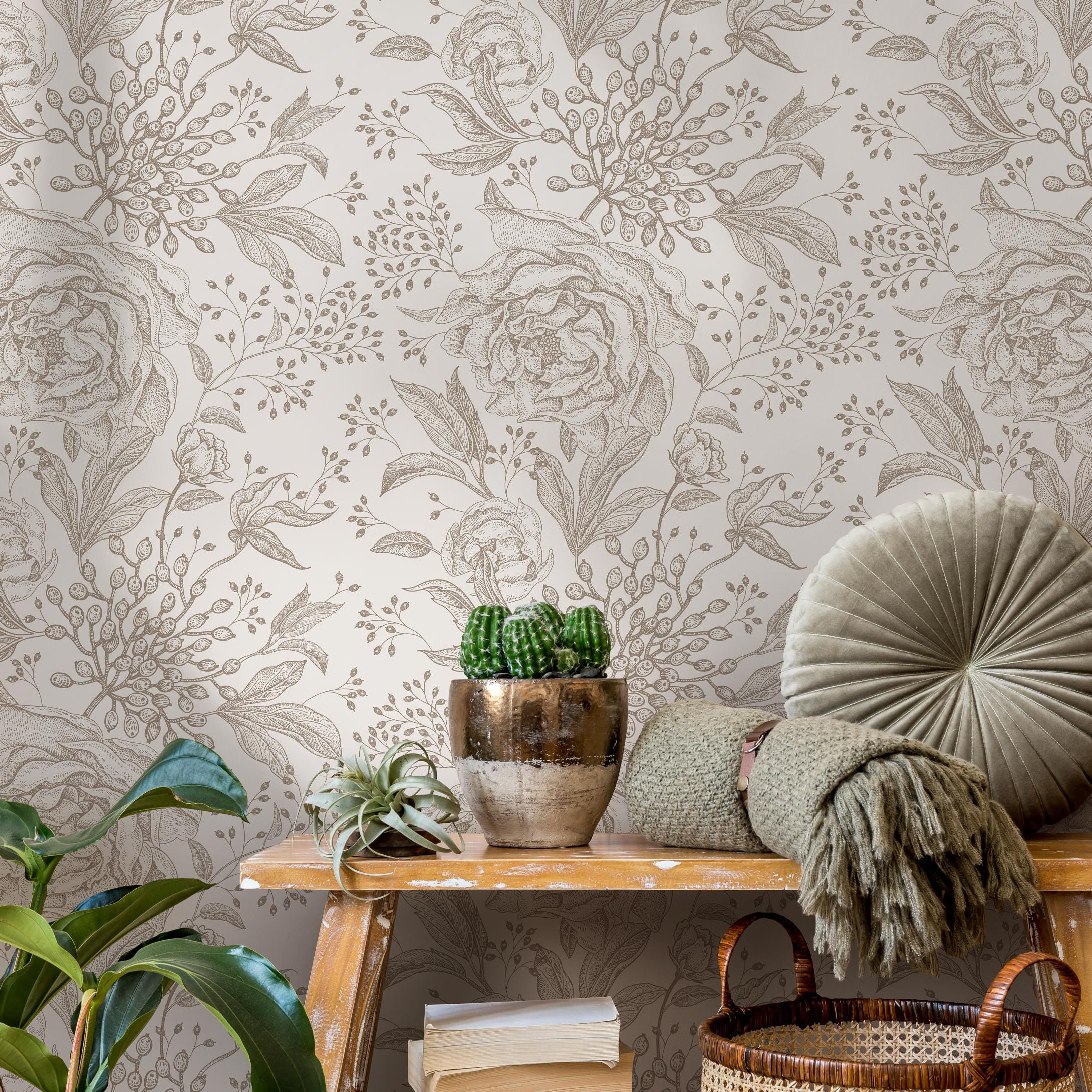Floral Wallpaper in Beige, Brown, Cream on Cream - Peel and Stick ...