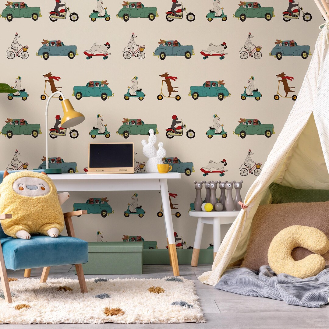 Playful Animals and Teal Wallpaper - ZACE - Etsy