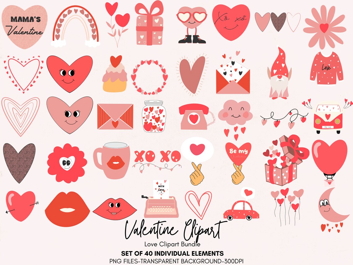 Love Valentines PNG Clipart Bundle Set of 40 Cute Valentine Clip Art ...