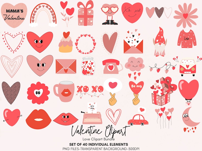 Love Valentines PNG Clipart Bundle Set of 40 Cute Valentine Clip Art ...