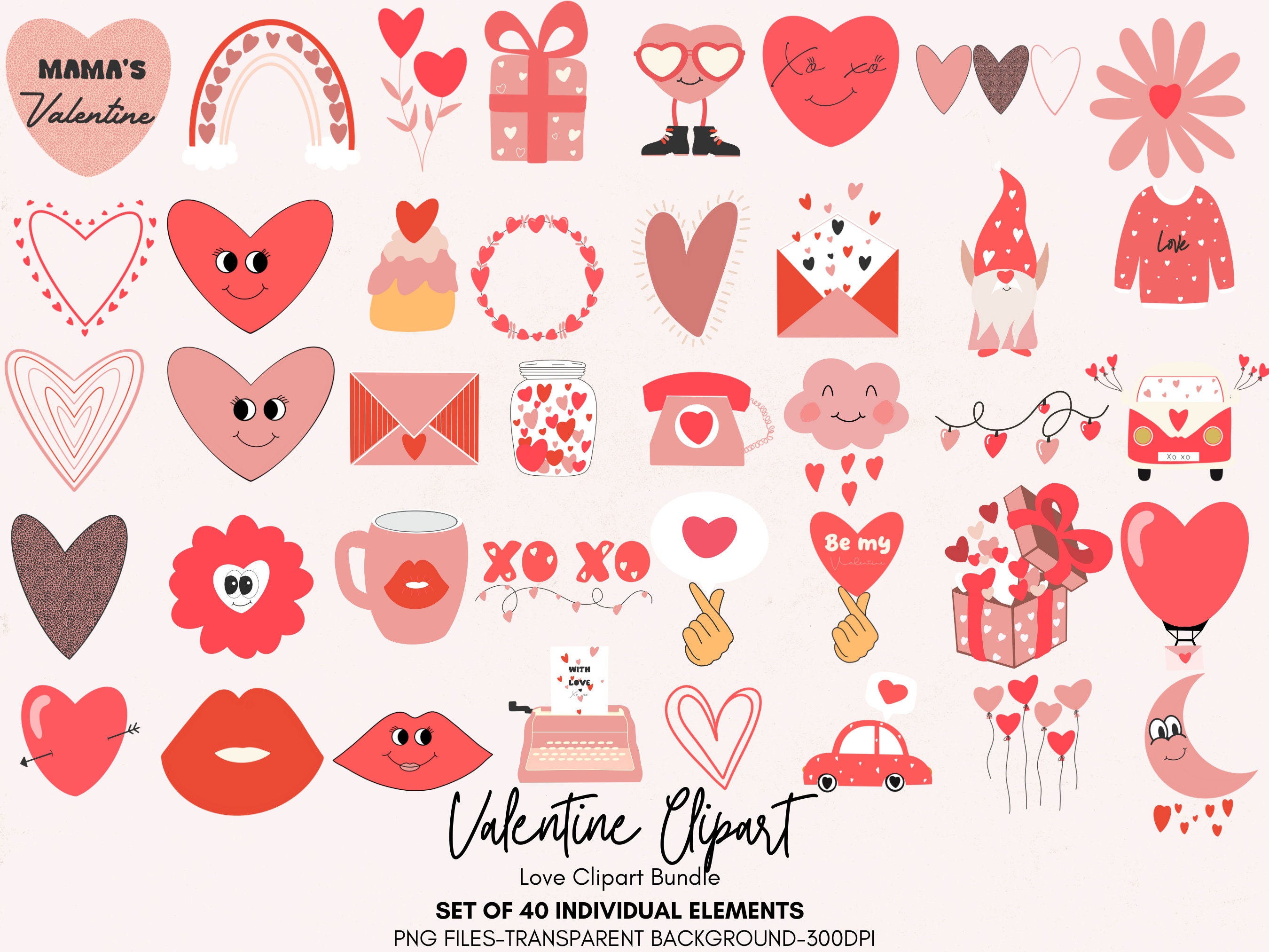 Love Valentines PNG Clipart Bundle Set of 40 Cute Valentine Clip Art ...