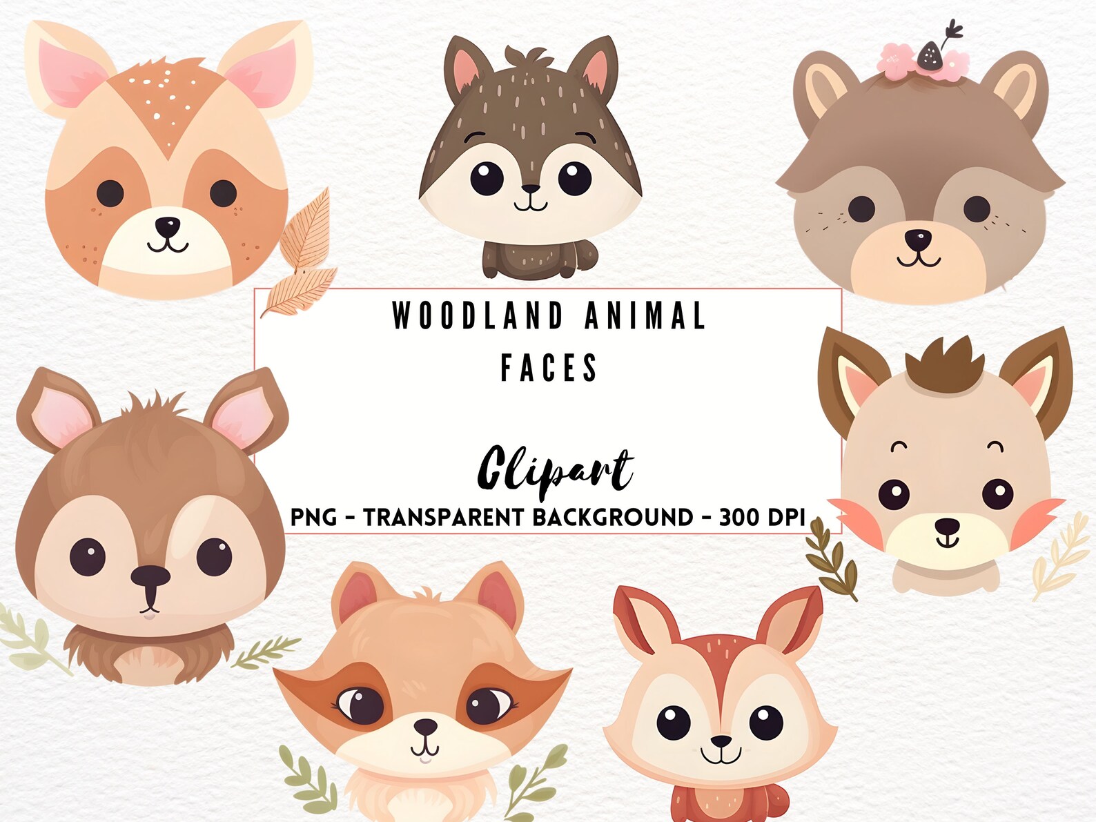 Boho Woodland Animal Faces Clipart Watercolor Woodland PNG Bundle Boho ...