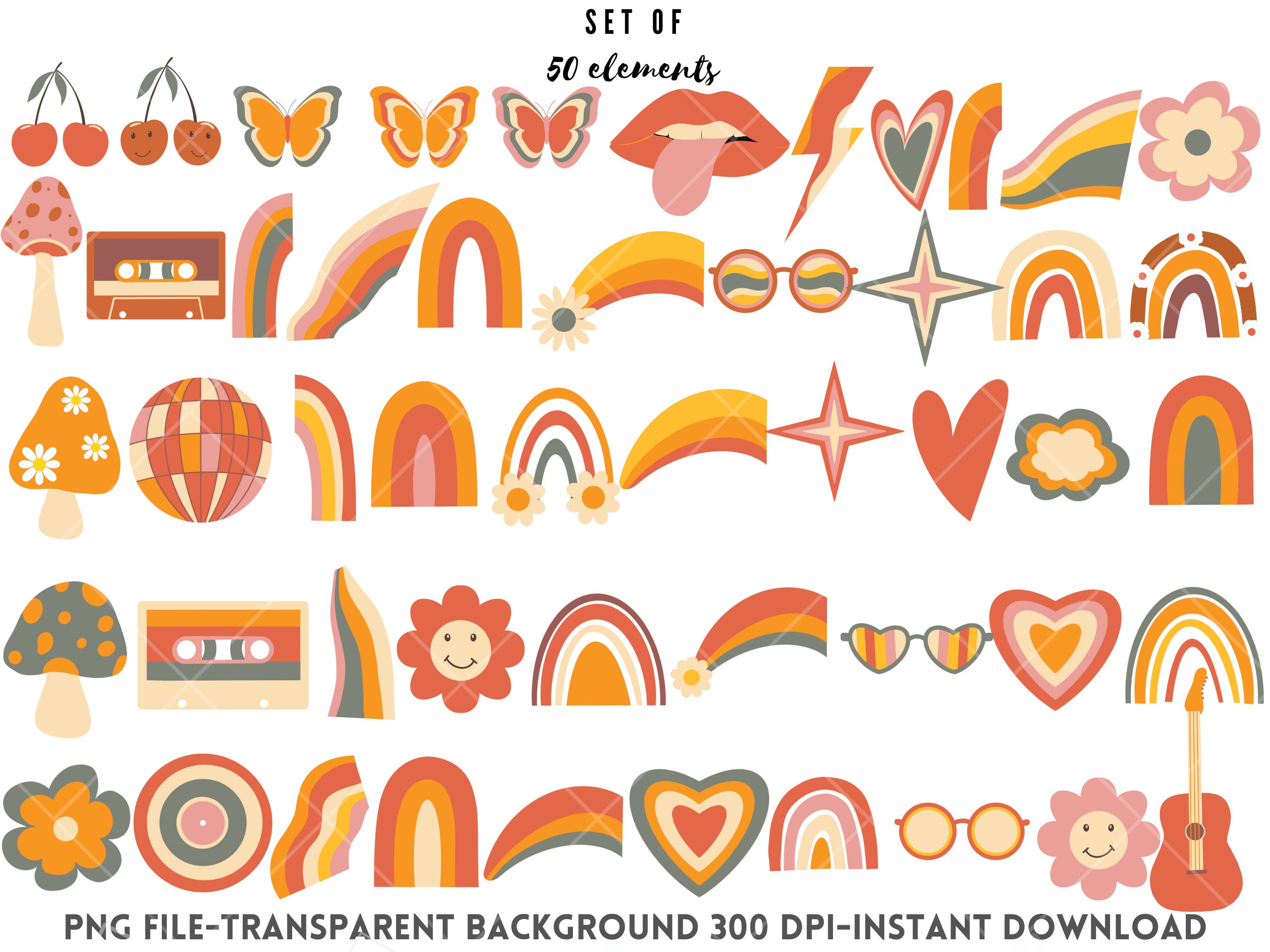 Groovy Hippie Clipart Bundle Groovy Retro Daisy Flower Printable Retro ...