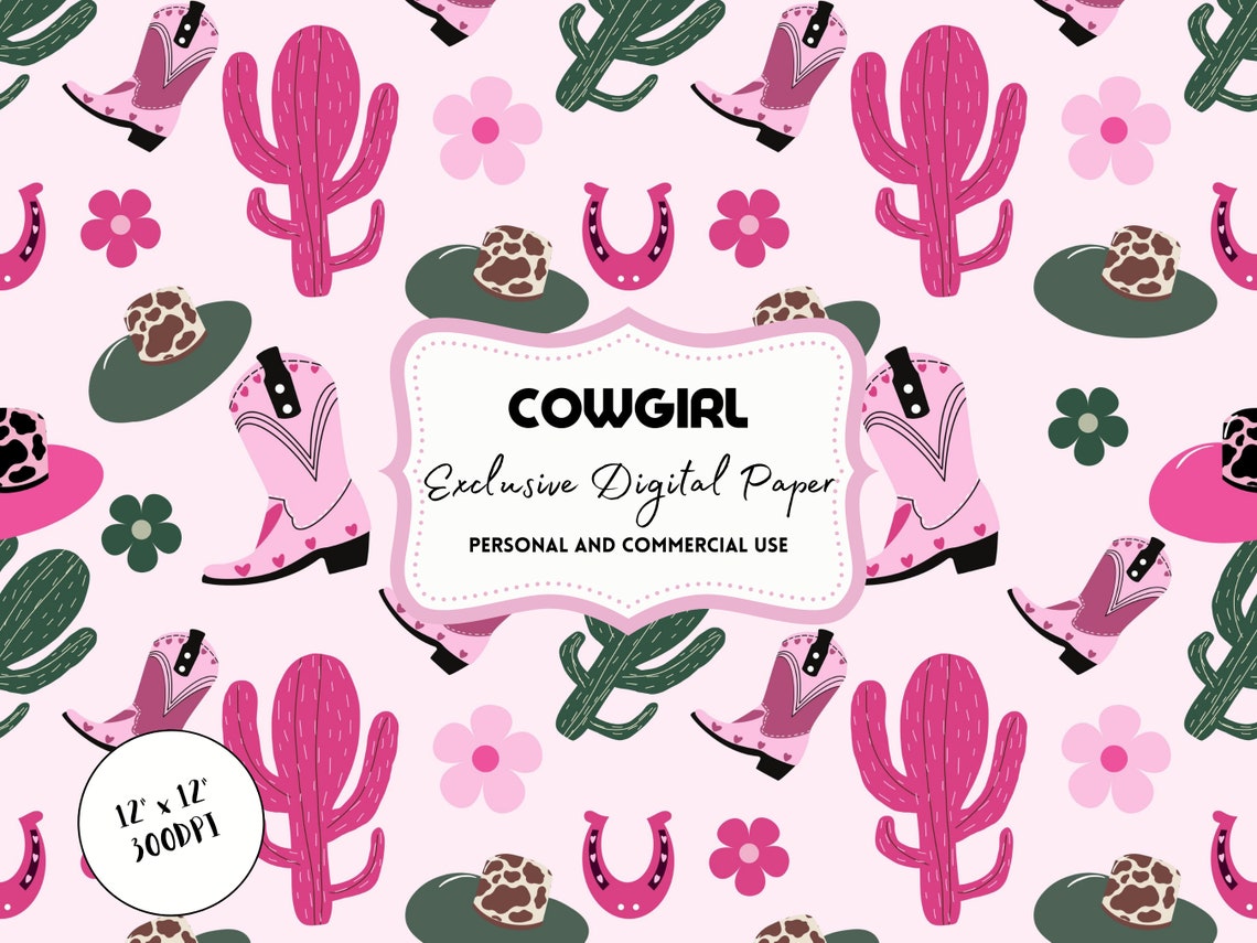 Western Seamless Digital Paper Cowgirl Seamless Retro Background Cactus ...