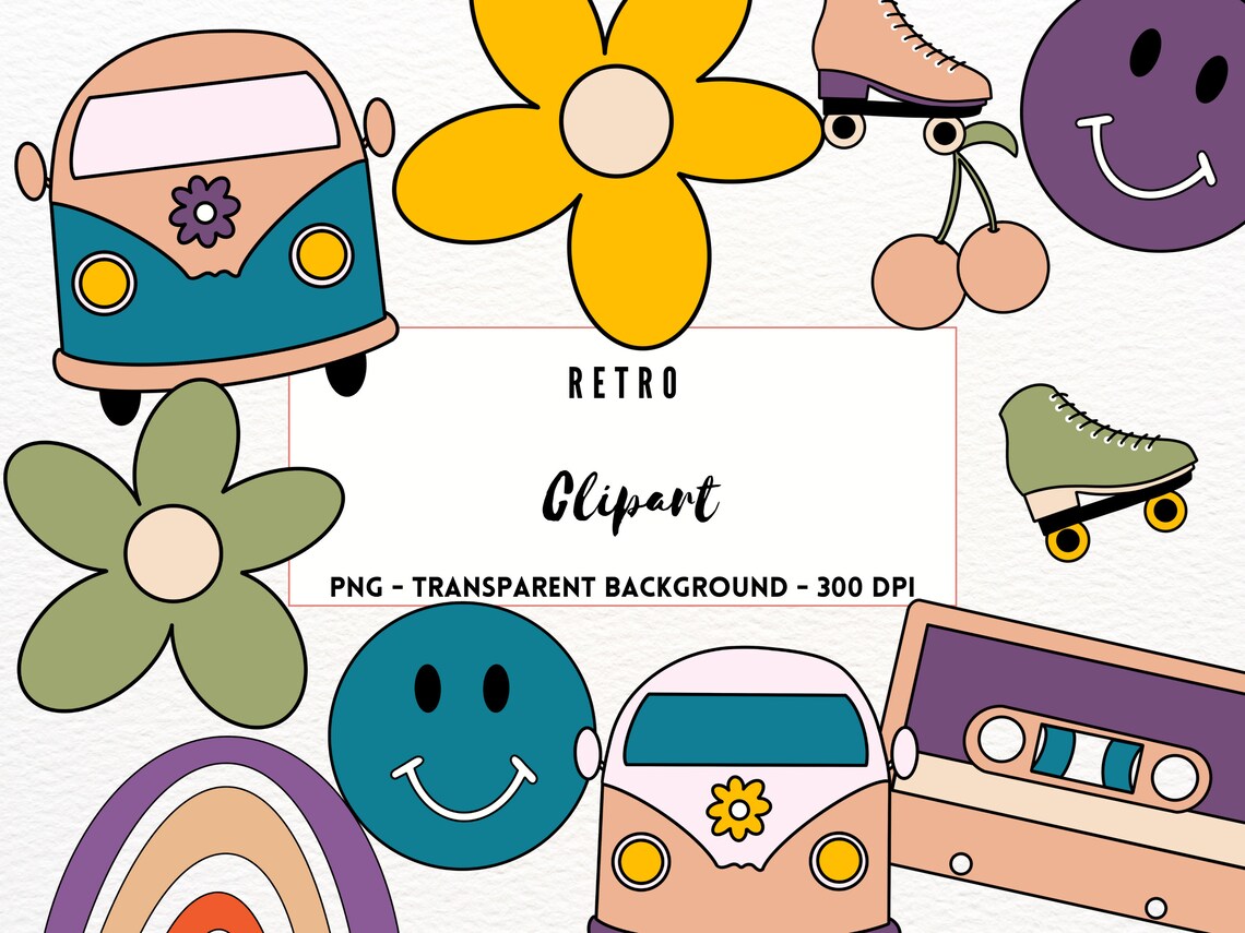 Retro Clipart Bundle Groovy Clipart Roller Skates Clipart Smile Boho ...