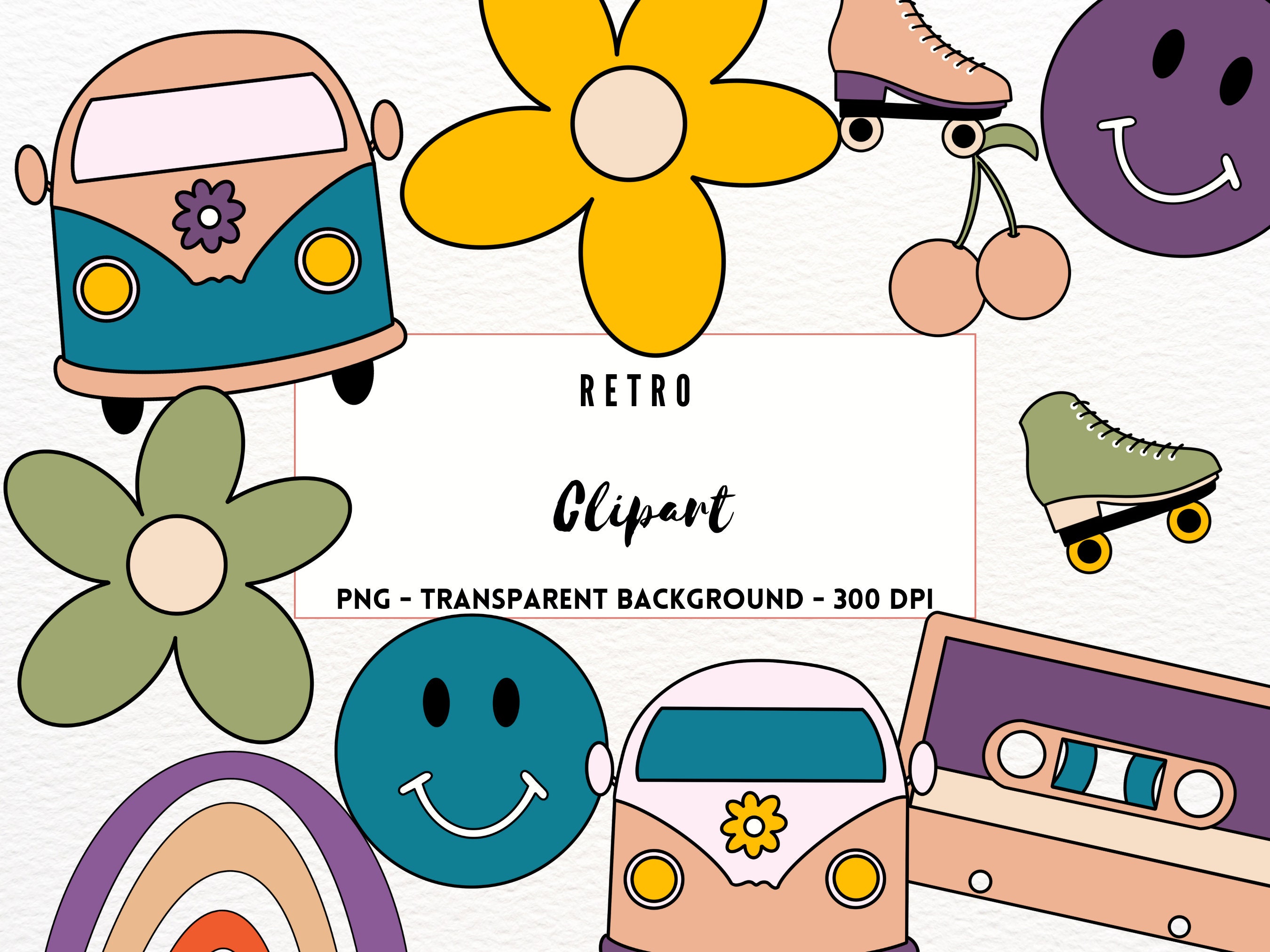 Retro Clipart Bundle Groovy Clipart Roller Skates Clipart Smile Boho ...