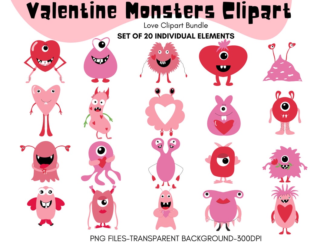 Love Valentines PNG Clipart Bundle Set of 20 Cute Monsters Clip Art DIY ...