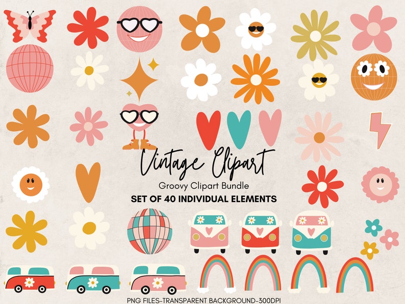 Retro Clipart Bundle Groovy Hippie Daisy Flower Retro Vibes - Etsy