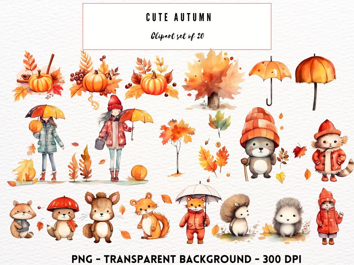 Cozy Fall Clipart Bundle Watercolor Autumn Clipart Cute Animal - Etsy