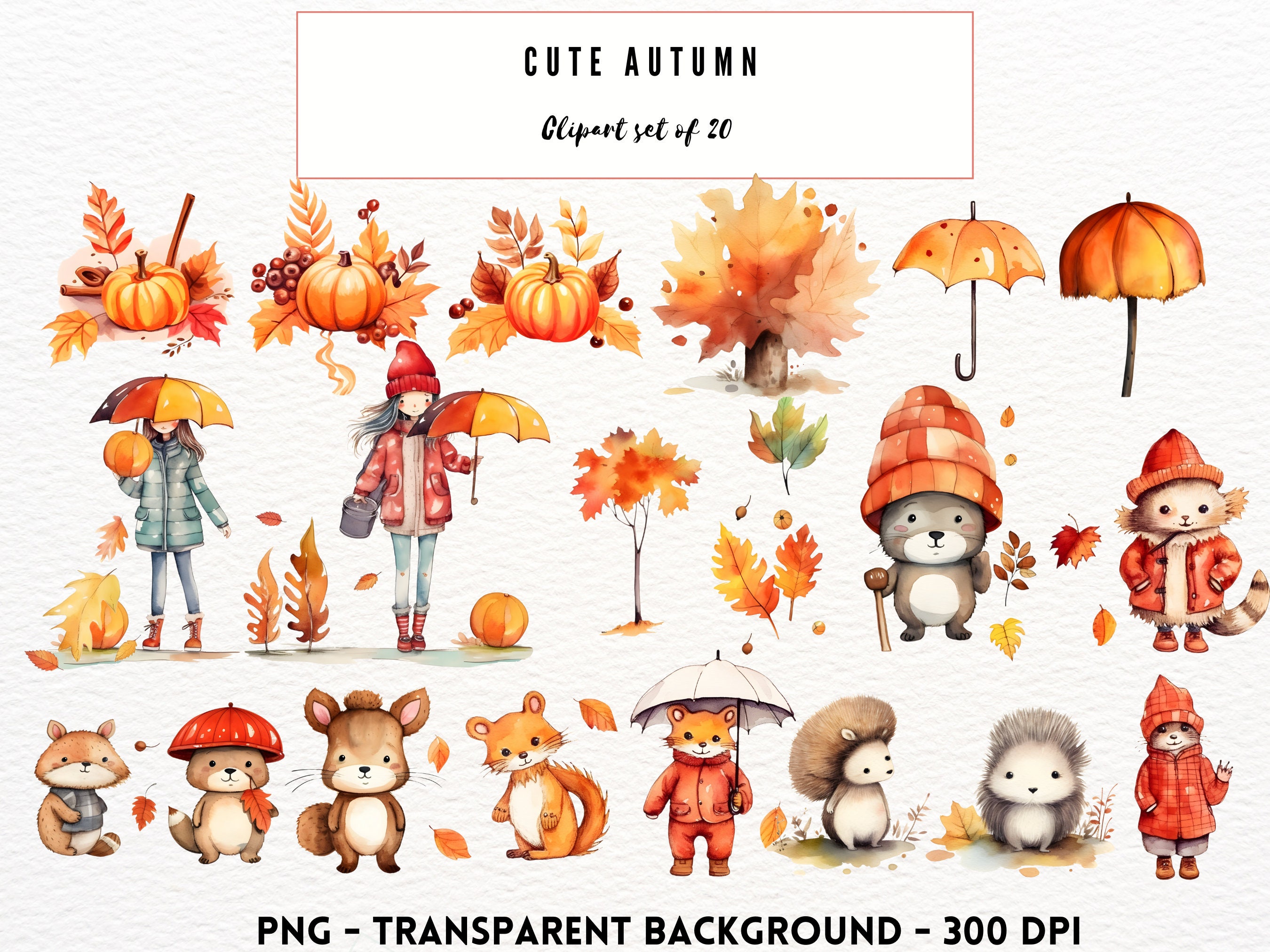 Cozy Fall Clipart Bundle Watercolor Autumn Clipart Cute Animal - Etsy
