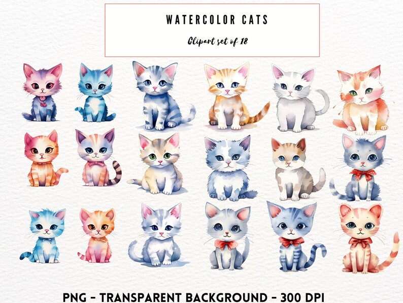 Cats Clipart PNG Bundle Pets Clipart Cute Watercolor Cats - Etsy