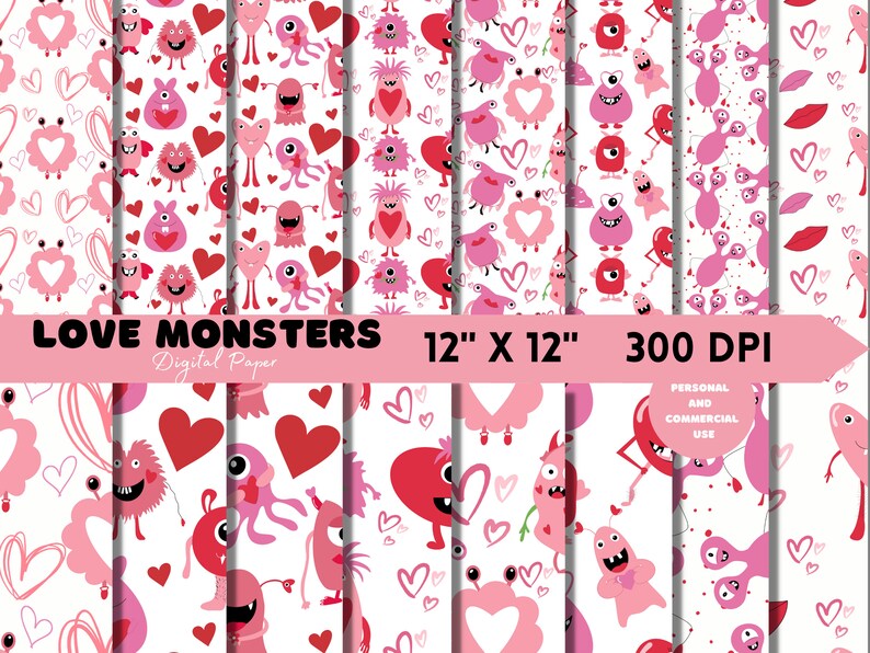 Cute Monsters Digital Papers Seamless Valentine Pattern Modern ...