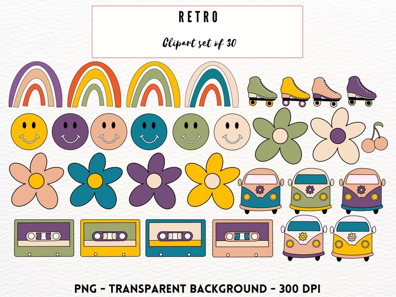 Retro Clipart Bundle Groovy Clipart Roller Skates Clipart Smile Boho ...