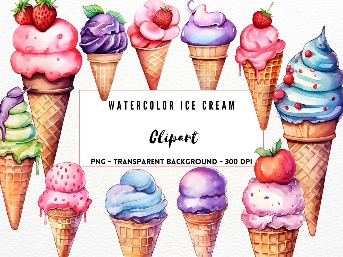 Ice Cream Watercolor Clipart Ice Cream Cone Clip Art Ice Cream Graphics ...