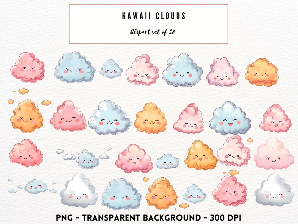 Clouds Clipart Kawaii Watercolor Clouds Clipart Pastel Clouds Clipart ...