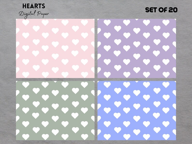 Hearts Digital Paper Set of 20 Love Heart Rainbow Seamless Pattern ...
