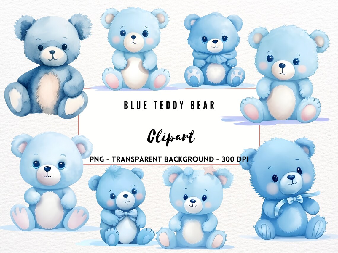 Teddy Bear Nursery Clipart Blue Baby Bear Printable Nursery Watercolor ...