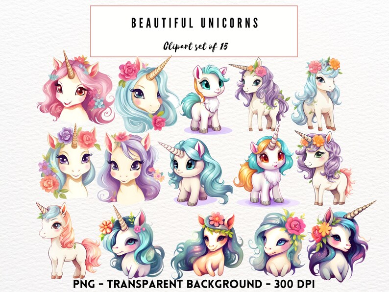 Unicorn Clipart Bundle Watercolor Rainbow Unicorn Clipart Fantasy Clip ...