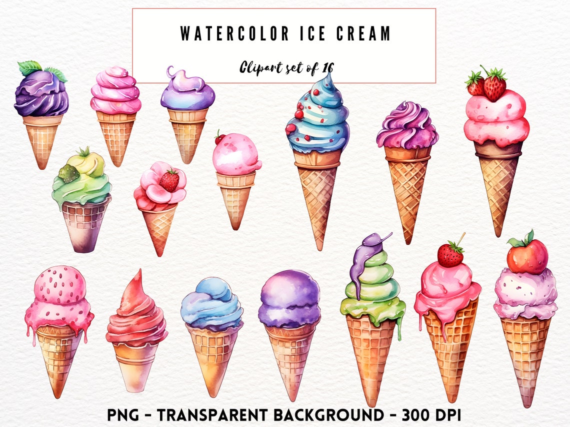 Ice Cream Watercolor Clipart Ice Cream Cone Clip Art Ice Cream Graphics ...