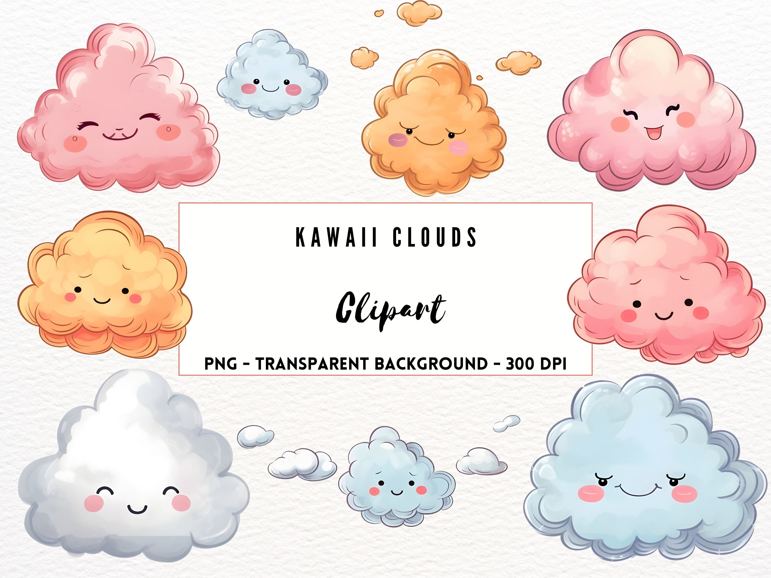 Clouds Clipart Kawaii Watercolor Clouds Clipart Pastel Clouds Clipart ...