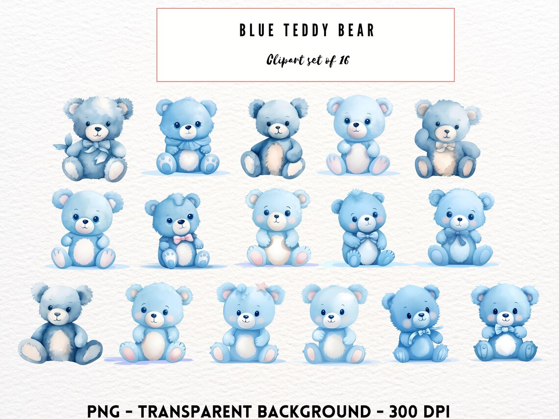 Teddy Bear Nursery Clipart Blue Baby Bear Printable Nursery Watercolor ...
